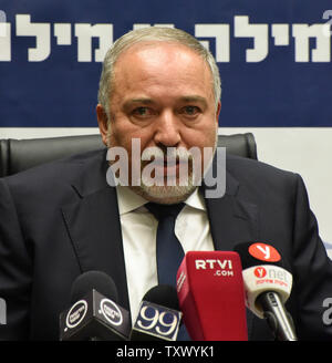 Israeli Defense Minister Avigdor Lieberman delivers a statement at the ...