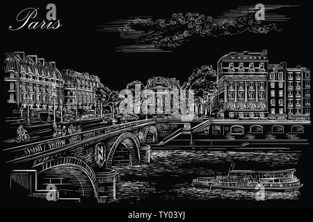 Vector hand drawing Illustration of Pont Saint Michel bridge (Paris ...