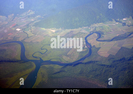 Aerial view of the Russell-Mulgrave river catchment, south of Cairns ...