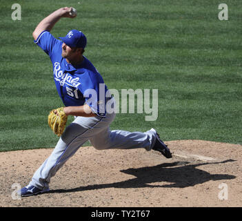 Kansas City Royals pitcher Angel Zerpa throws in an exhibition baseball ...