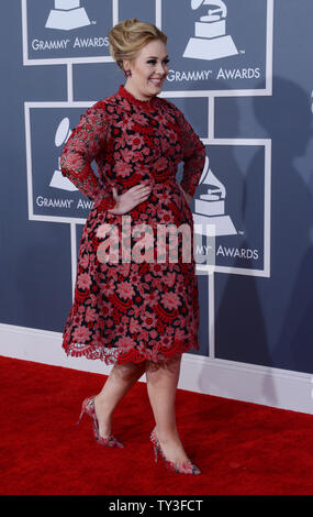 Adele arrives at the 55th annual Grammy Awards on Sunday, Feb. 10, 2013 ...