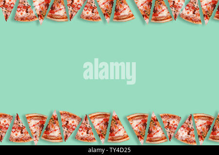 triangular pieces of pizza are in two rows, the first row from the top ...