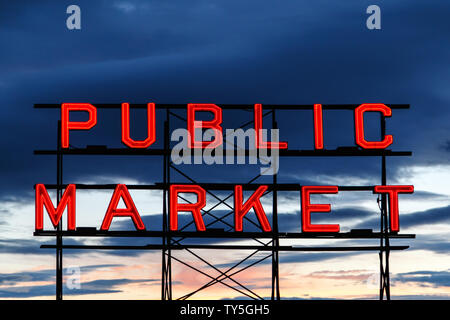 A red sign of public market against a gray sky Stock Photo - Alamy