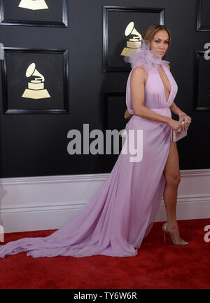 Singer Jennifer Lopez arrives for the 59th annual Grammy Awards held at ...