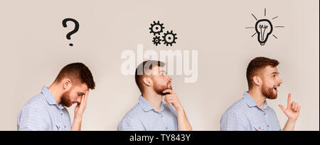 Young bearded man thinking too hard, solving a difficult problem. Angry ...