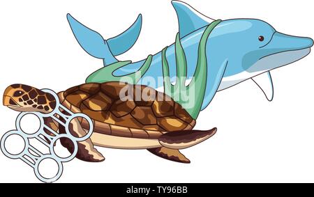 Turtle stuck with plastic trash cartoon sticker illustration Stock ...