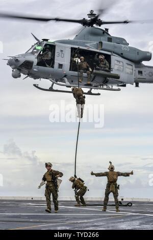 US Navy U.S. Marines repel from a UH-1N Huey helicopter during the ...