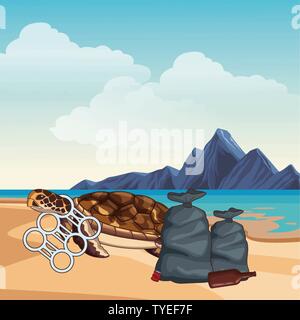 turtle stuck with a sixpack plastic rings in black and white Stock ...