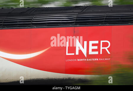 The London North Eastern Railway (LNER) logo on an Azuma locomotive ...