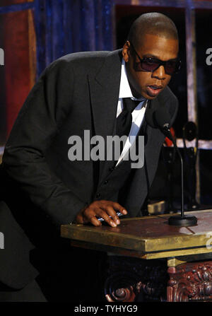 Jay-Z speaks during the Rock & Roll Hall of Fame induction ceremony ...