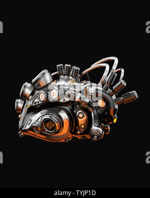 Steel robotic heart, futuristic replacement organ, 3d rendering on dark ...