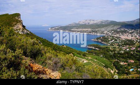 Panorama with Cassis city and Cassis vineyard, seen from the Cape ...