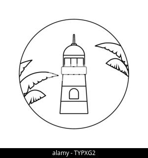 lighthouse in frame circular with leafs tropicals vector illustration ...