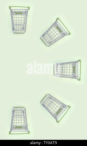 Pattern of many small shopping carts on a lime background. Minimalism ...