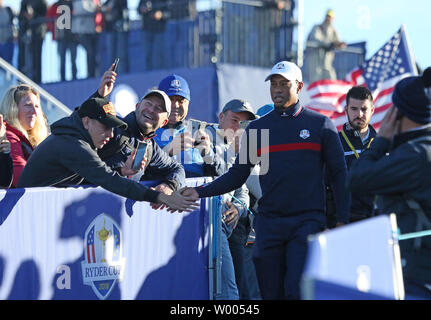 Tiger Woods arrives for a practice session at Le Golf National in ...