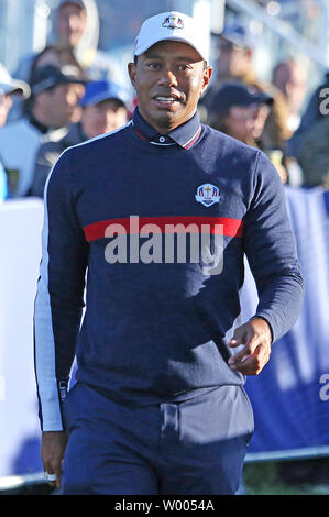 Tiger Woods arrives for a practice session at Le Golf National in ...