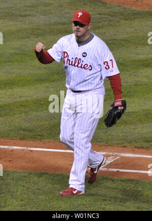 Philadelphia Phillies pitcher Chad Durbin waits for a new ball after ...
