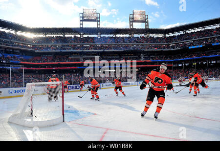 New York Rangers warm up before the NHL Winter Classic outdoor hockey ...