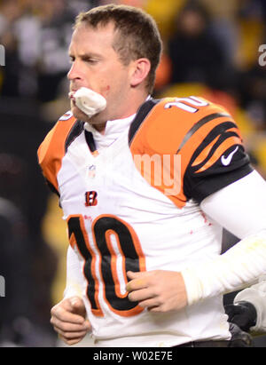 Cincinnati Bengals punter Kevin Huber (10) is taken from the field ...