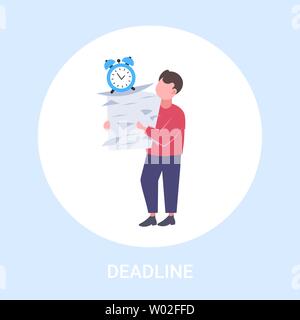 overworked businessman carrying paper documents stack with alarm clock ...