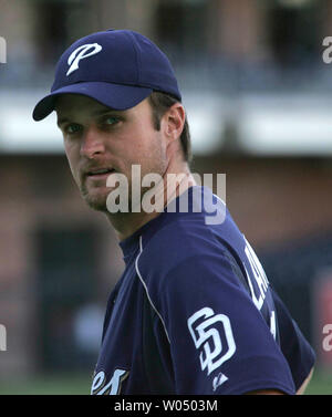 San Diego Padres pitcher Brian Lawrence reacts after giving up a solo ...