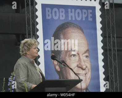 Linda Hope, daughter of Bob Hope, speaks during the unveiling of a 44 ...