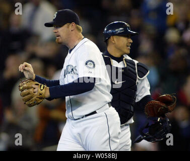 The Seattle Mariners celebrate their win over the Athletics in a ...