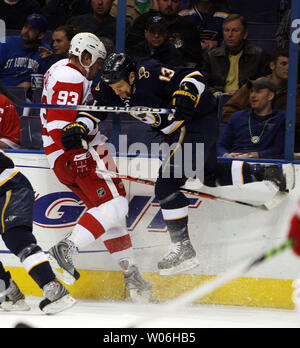 Detroit Red Wings' Johan Franzen (93), of Sweden, and Columbus Blue ...