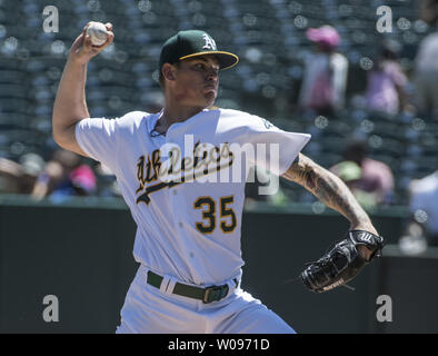 Oakland Athletics pitcher Aaron Brooks works against the Houston Astros ...