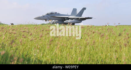 An F/A-18F Super Hornet touches down on the flight deck of the aircraft ...