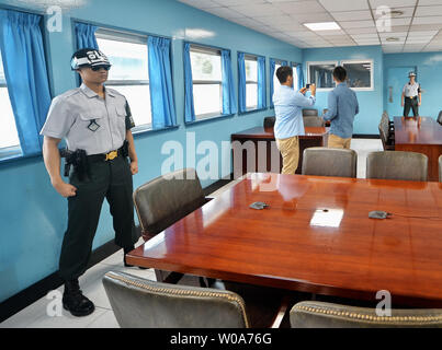 Conference room at Panmunjom on the Korean Demilitarized Zone, DMZ Line ...
