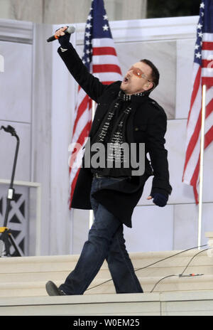 Bono performs during the Inaugural Concert held at the Lincoln Memorial ...