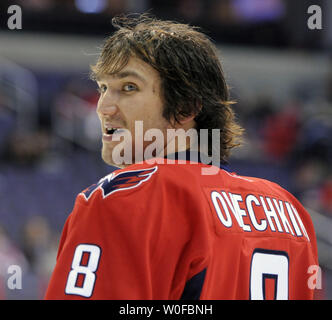 Washington Capitals' Alex Ovechkin warms up before an NHL hockey game ...