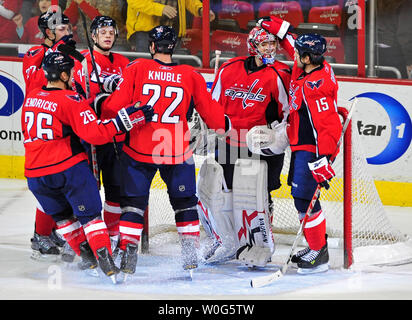 The Washington Capitals celebrate after defeating the Columbus Blue ...