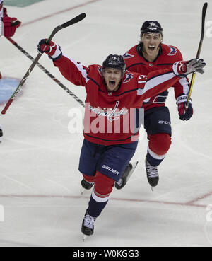 Carolina Hurricanes players celebrate after a goal by Andrei Svechnikov ...