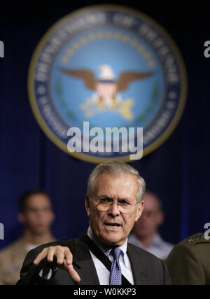 Defense Secretary Donald Rumsfeld speaks to the press during a briefing ...
