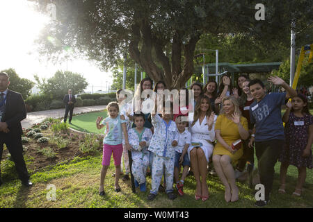 Sara Netanyahu, left, US First Lady Melania Trump, center, and Israel's ...