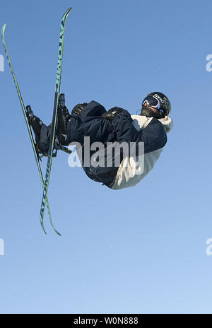 Canadian National Halfpipe Ski Team's Mike Riddle jumps during training ...