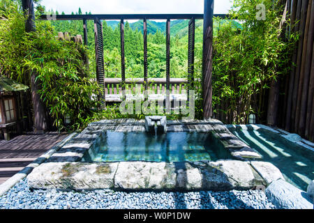 A traditional Japanese rotenburo bath at Iwanoyu ryokan at Seni Onsen ...