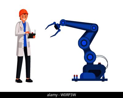 Engineer operate robotic arm flat illustration. Smart industry ...