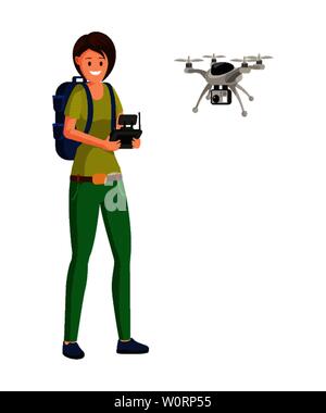 Drone pilot job flat vector illustration. Woman, UAV operator playing ...