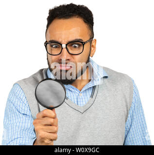 Multicultural man geek expressing frustration and anxiety isolated on ...