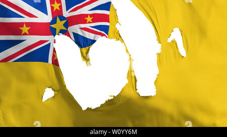 Niue city, capital of Alofi flag with a big hole, white background, 3d ...