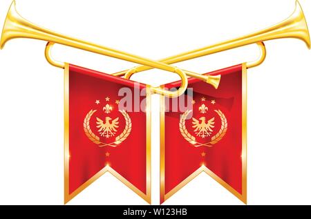 Antique royal horn - trumpet with triumphant flag, triumph concept ...