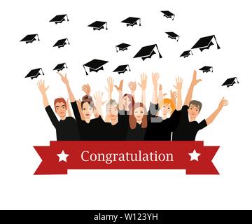 Happy graduating students throwing graduation caps. education, school, college concept. cartoon ...