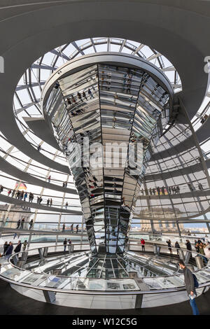 Tourists inside the futuristic glass dome on top of the Reichstag ...