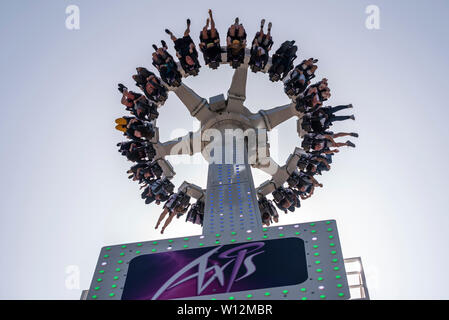 Thrill-seekers on the Axis ride in Adventure Island in Southend on Sea ...