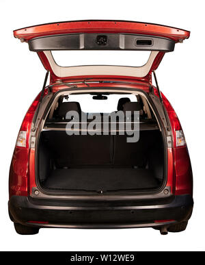 Open white suv car trunk back view isolated Stock Photo - Alamy