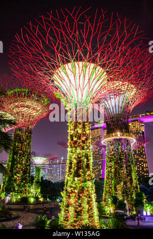 SINGAPORE, SINGAPORE - MARCH 2019: Supertrees illuminated for light ...