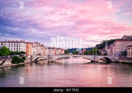 A view of Lyon, France along the Saône river at sunset Stock Photo - Alamy
